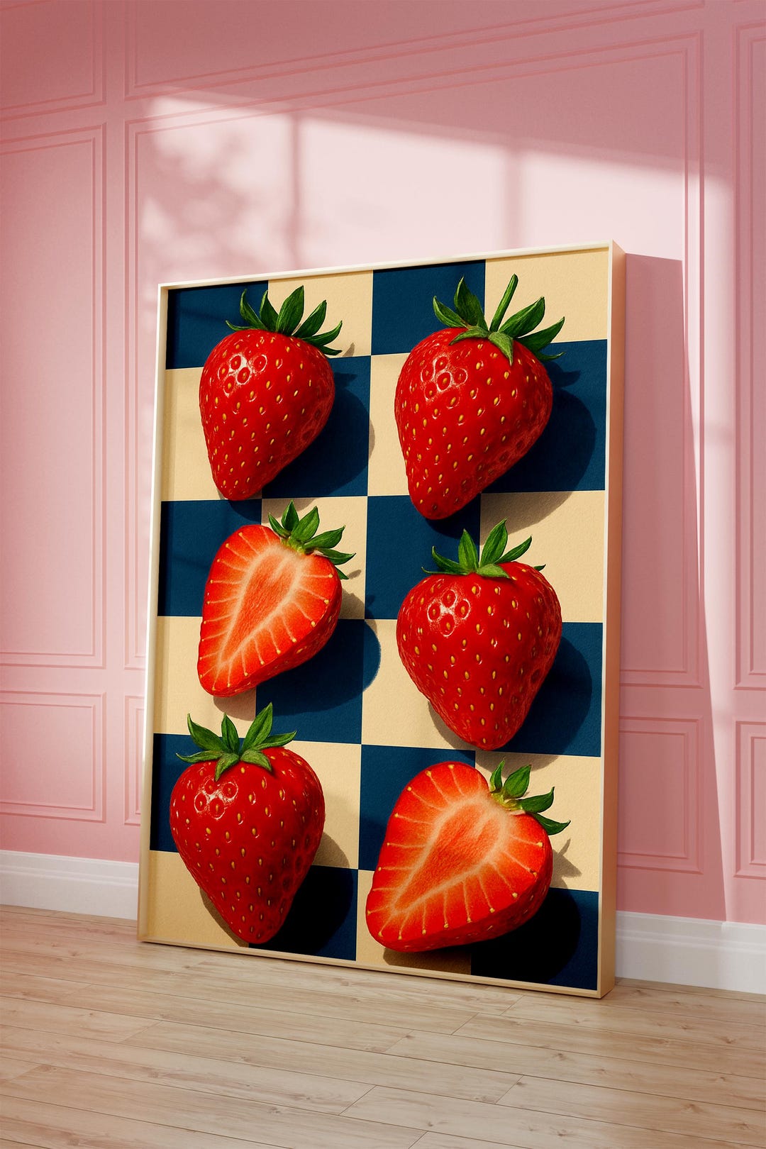 Strawberry Wall Art, Kitchen Print, Checkerboard Art, Fruit Poster ...