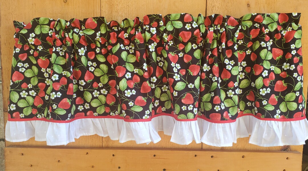 Black Strawberry Print Valance With White Ruffle FREE SHIPPING - Etsy