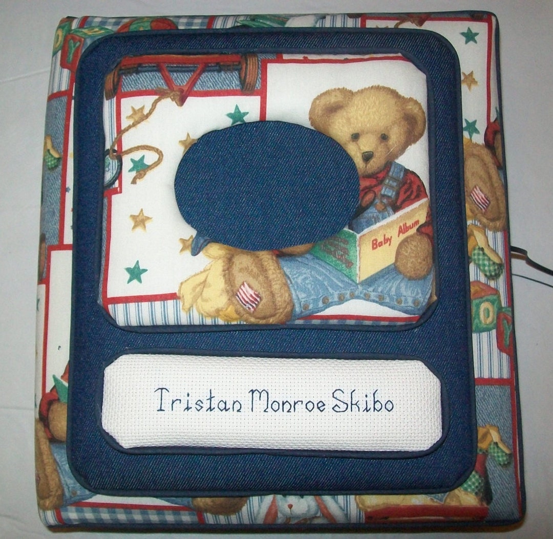 Blue Jean Teddy Custom Personalized Fabric Photo Album / Scrapbook BRAG ...