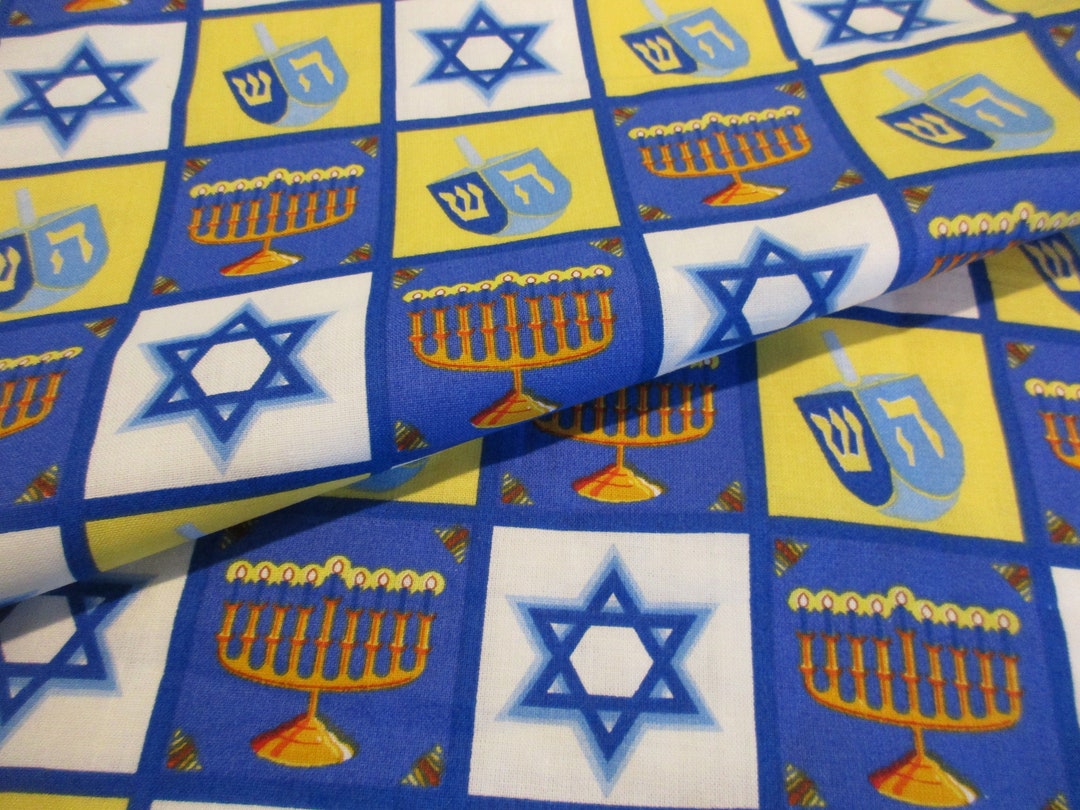 Menorah Hanukkah Block Cotton Fabric BTY Blue & Gold Star of David ...