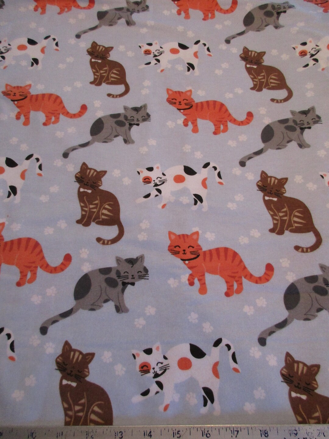 Tabby Cats on Blue Snuggle Cotton Flannel Fabric BTY Kittens and Hearts ...