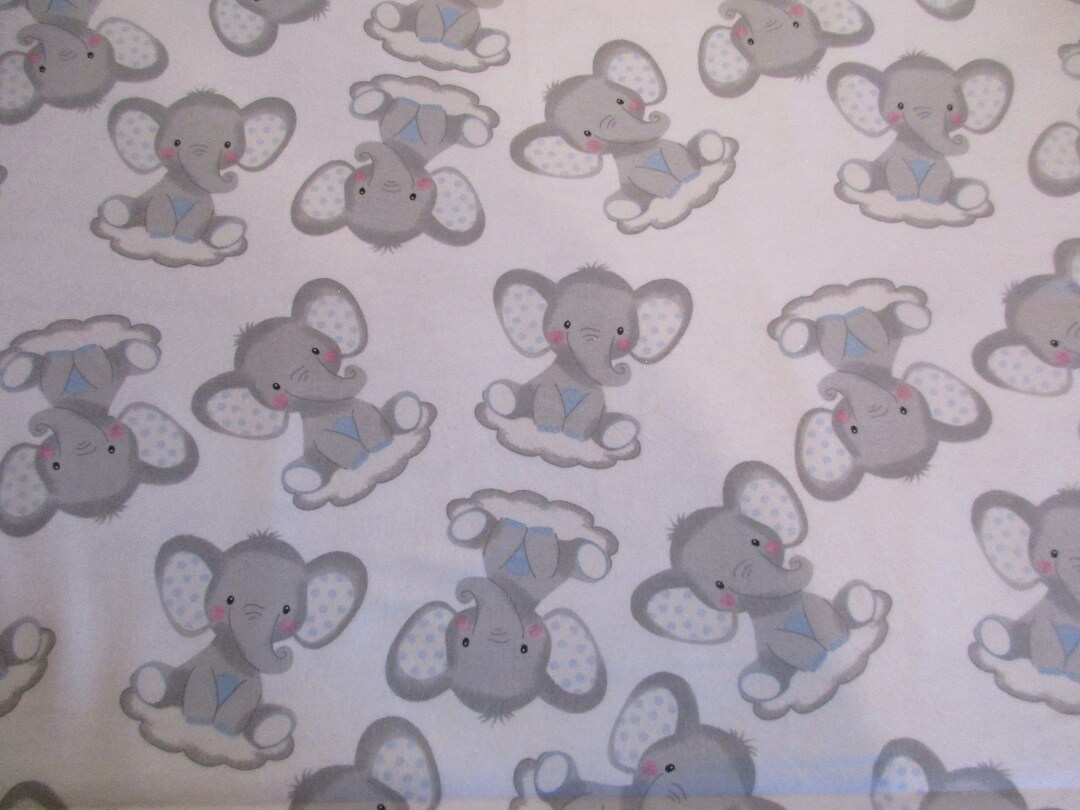 Sleepy Elephants on Clouds Nursery Flannel Cotton Fabric BTY Blue Baby ...
