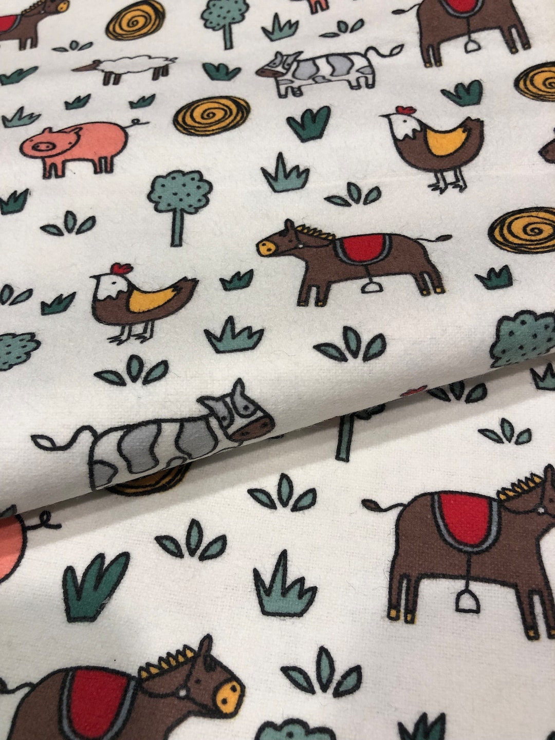 Farm Animals Doodle Super Snuggle Flannel Fabric - BTY - Horses Cows ...