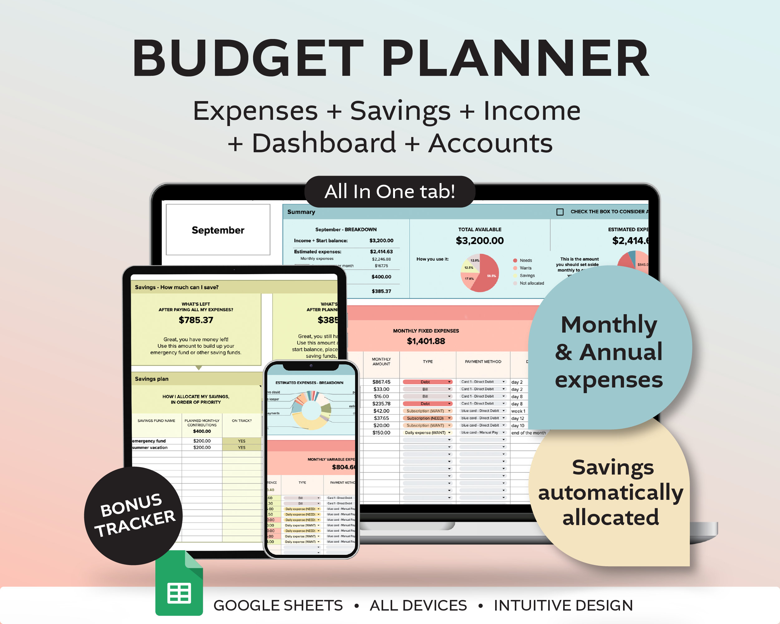 Monthly Budget Planner for Google Sheets. Income, Expenses and Savings ...