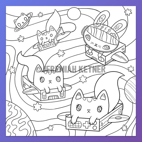 Space Bunny Box Cats Coloring Page | Etsy