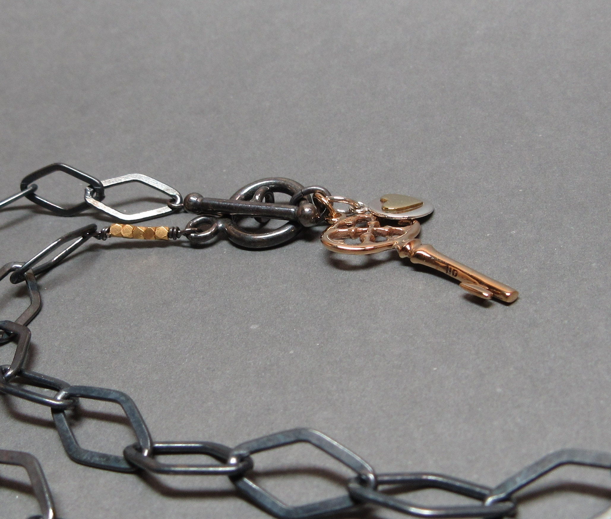 Mixed Metal Necklace Key Heart Oxidized Sterling Silver Bronze | Etsy