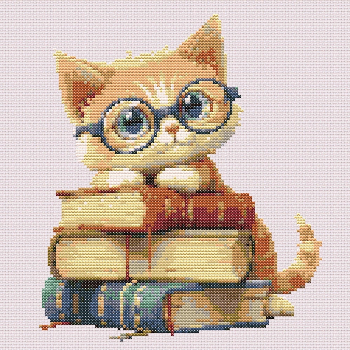 Cute Cat Books Glasses Cross Stitch Pattern PDF Animal Modern Cross ...