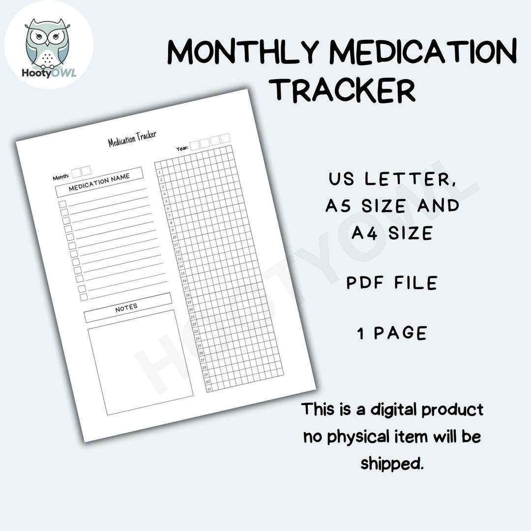 Monthly Medication Tracker, Medication Log, Instant PDF Download A4 A5 ...