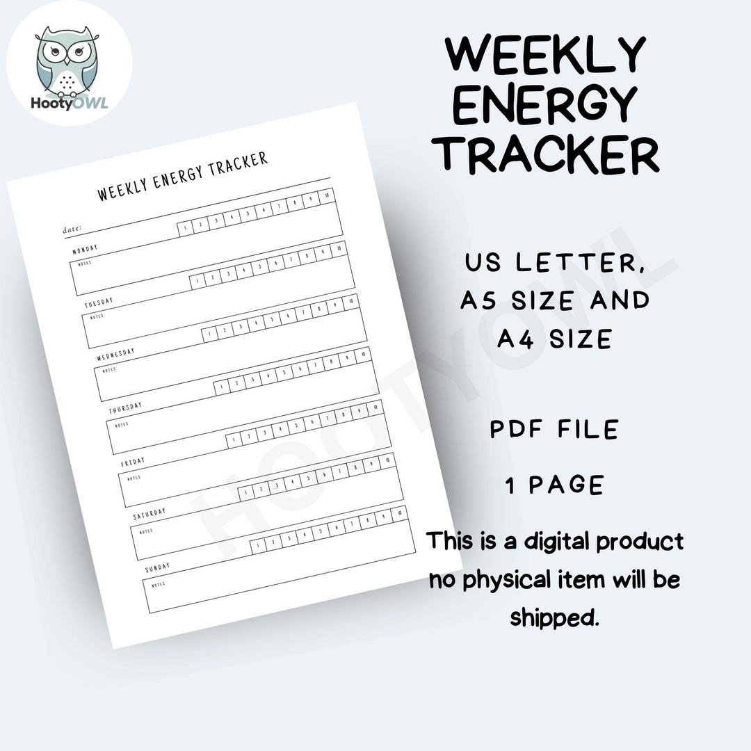 Weekly Energy Tracker, Printable Energy and Wellness Log, A4, A5, US ...