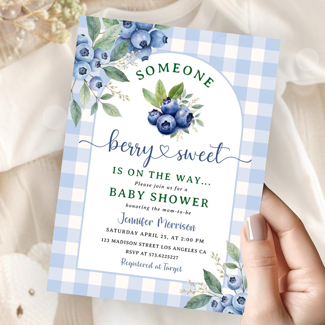 Blueberry Baby Shower Invitation: Berry Sweet Theme, Blue Gingham ...