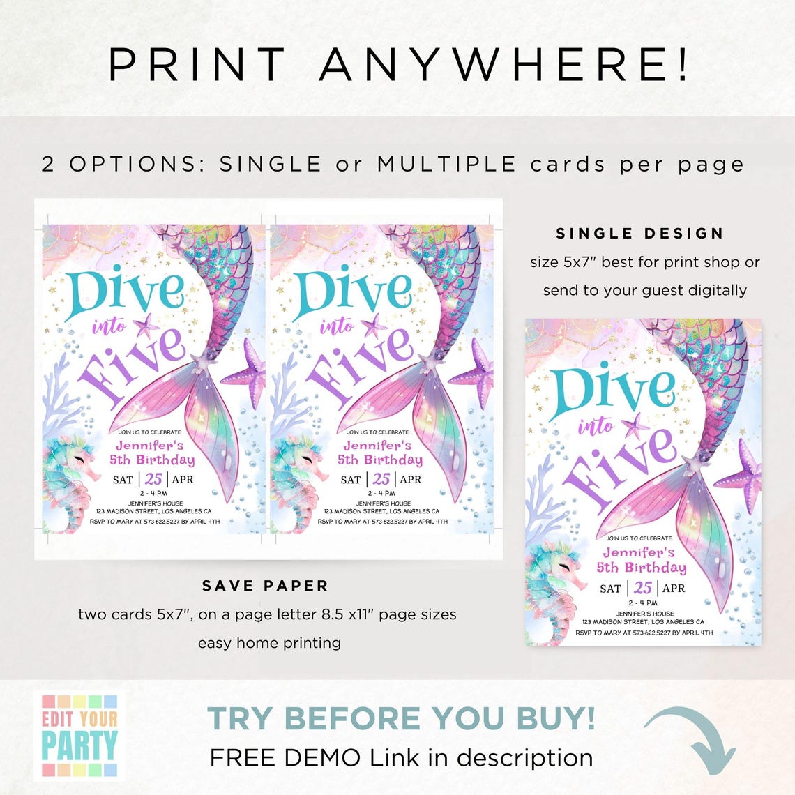 Mermaid 5th Birthday Invitation: Dive Into Five, Under the Sea Party ...