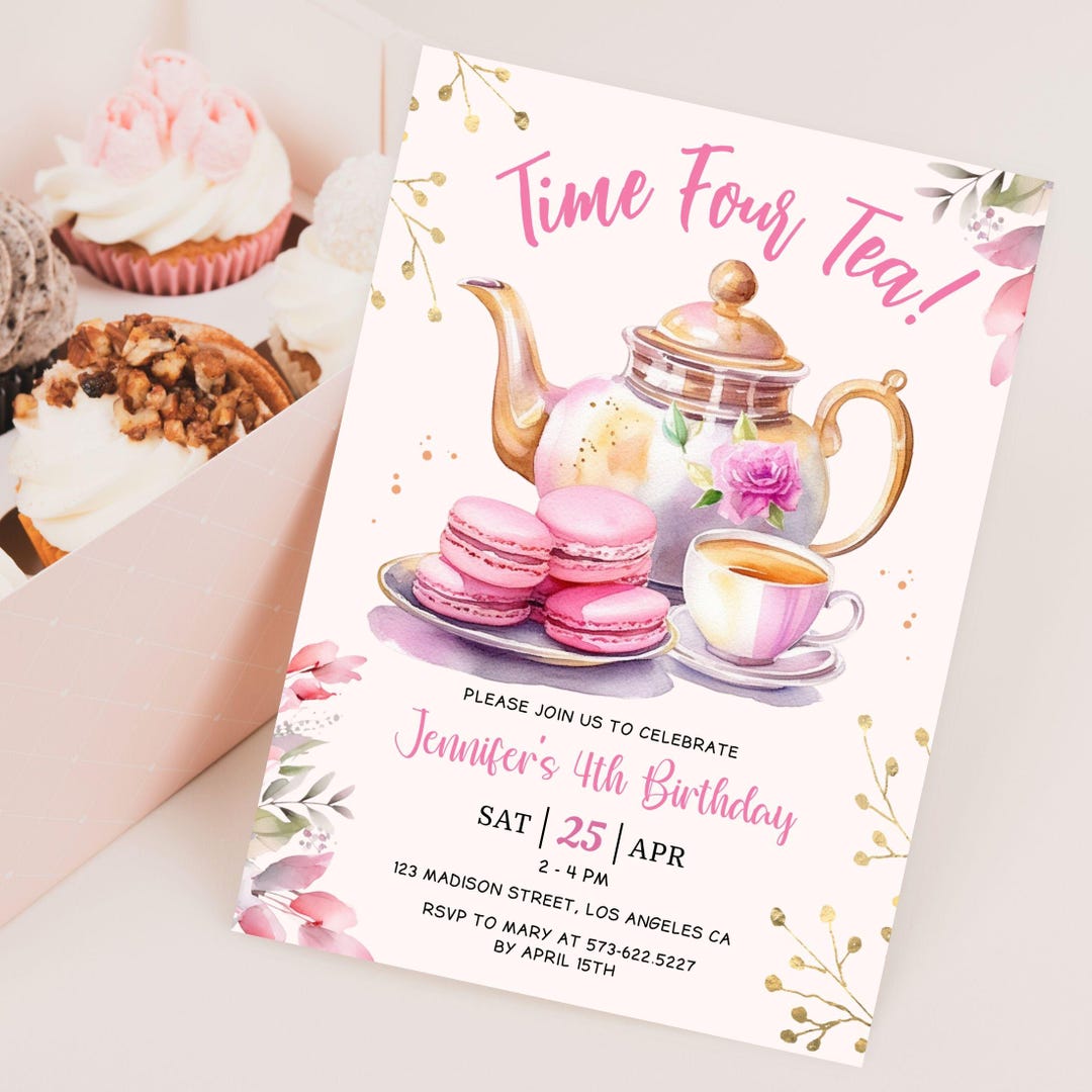 EDITABLE Time Four Tea Invitation Girl,tea Party 4th Birthday Invite ...