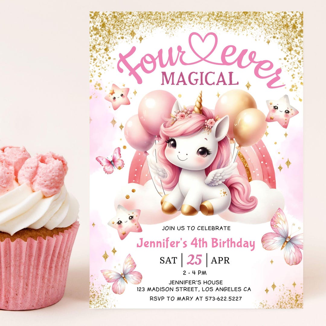 EDITABLE Fourever Magical Unicorn Invitation,unicorn 4th Birthday ...