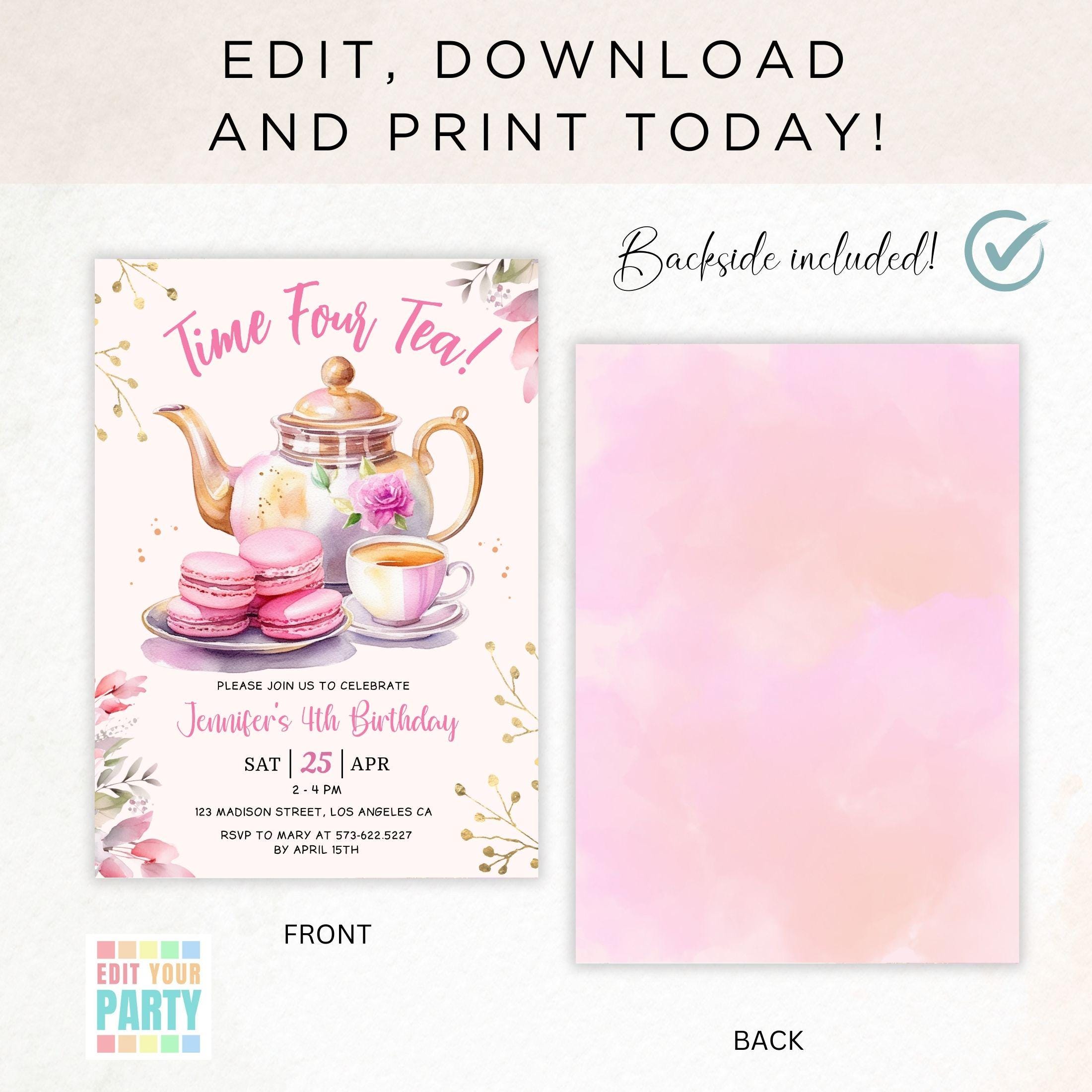 EDITABLE Time Four Tea Invitation Girl,tea Party 4th Birthday Invite ...