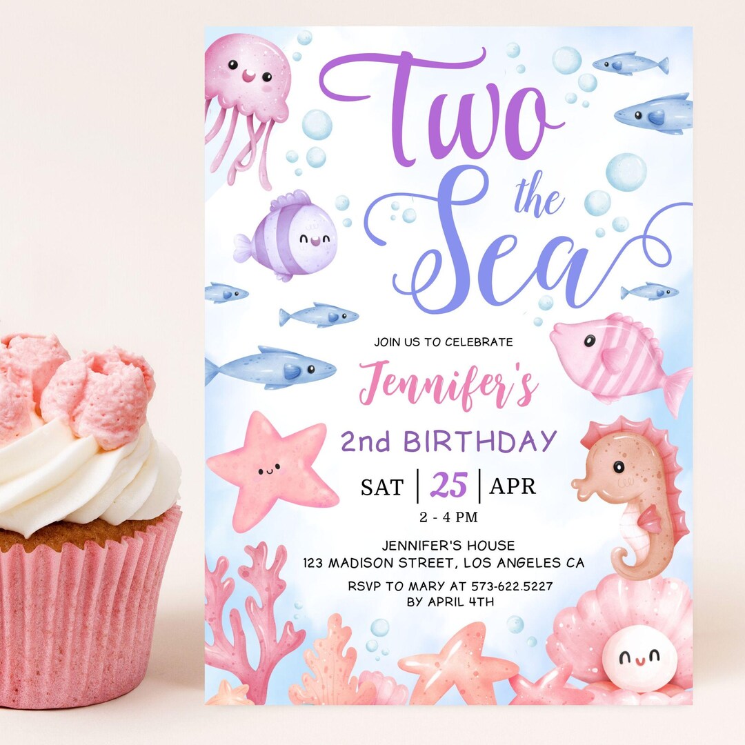 EDITABLE Two the Sea Birthday Invitation Girl,ocean Themed 2nd Birthday ...