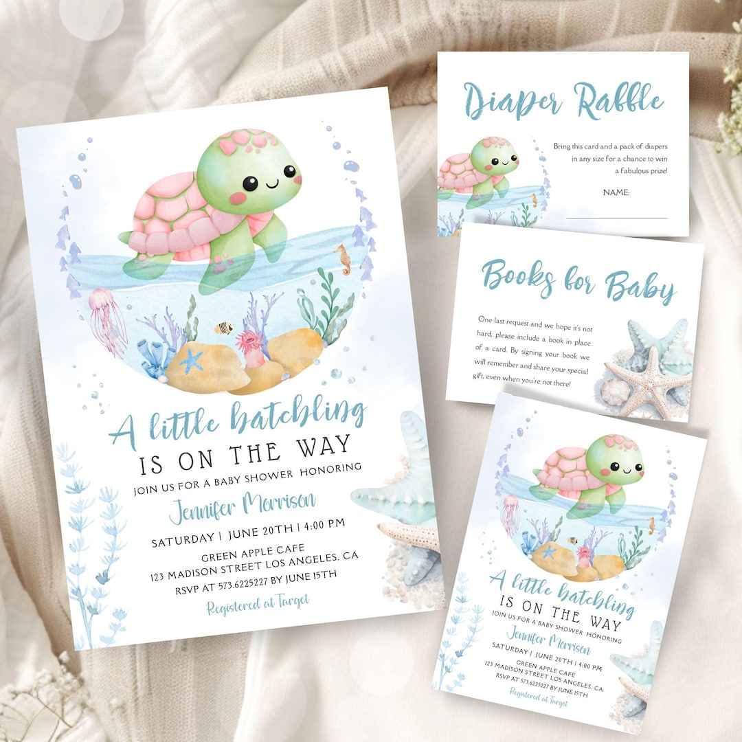Sea Turtle Baby Shower Invitation Bundle: Hatchling Theme Girl Pink ...