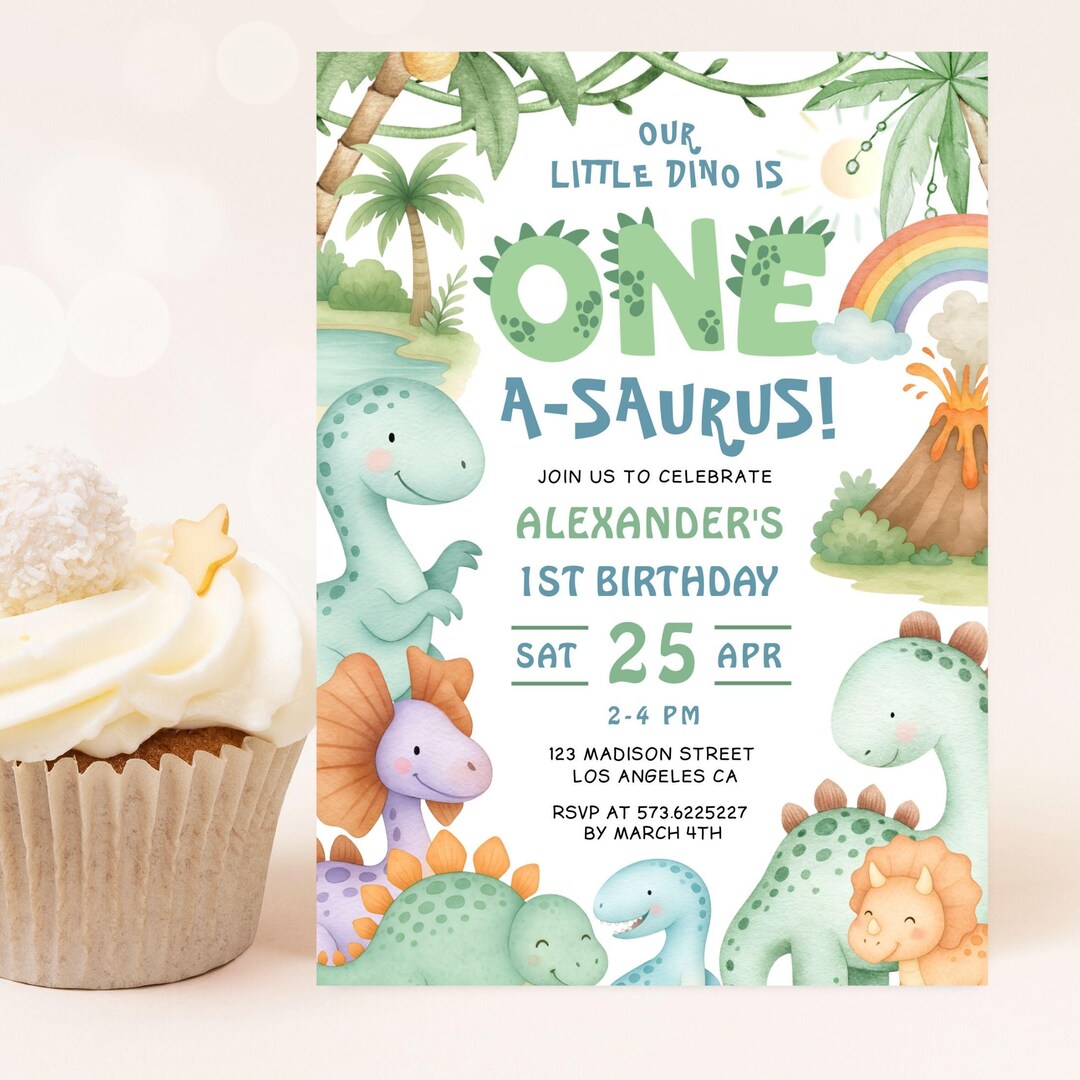 Dinosaur 1st Birthday Invitation, Oneasaurus Editable Template (digital ...