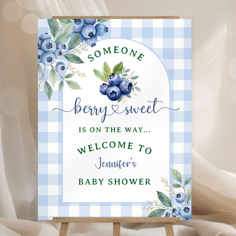 Blueberry Baby Shower Welcome Sign: Blue Gingham Berry Theme Decor ...