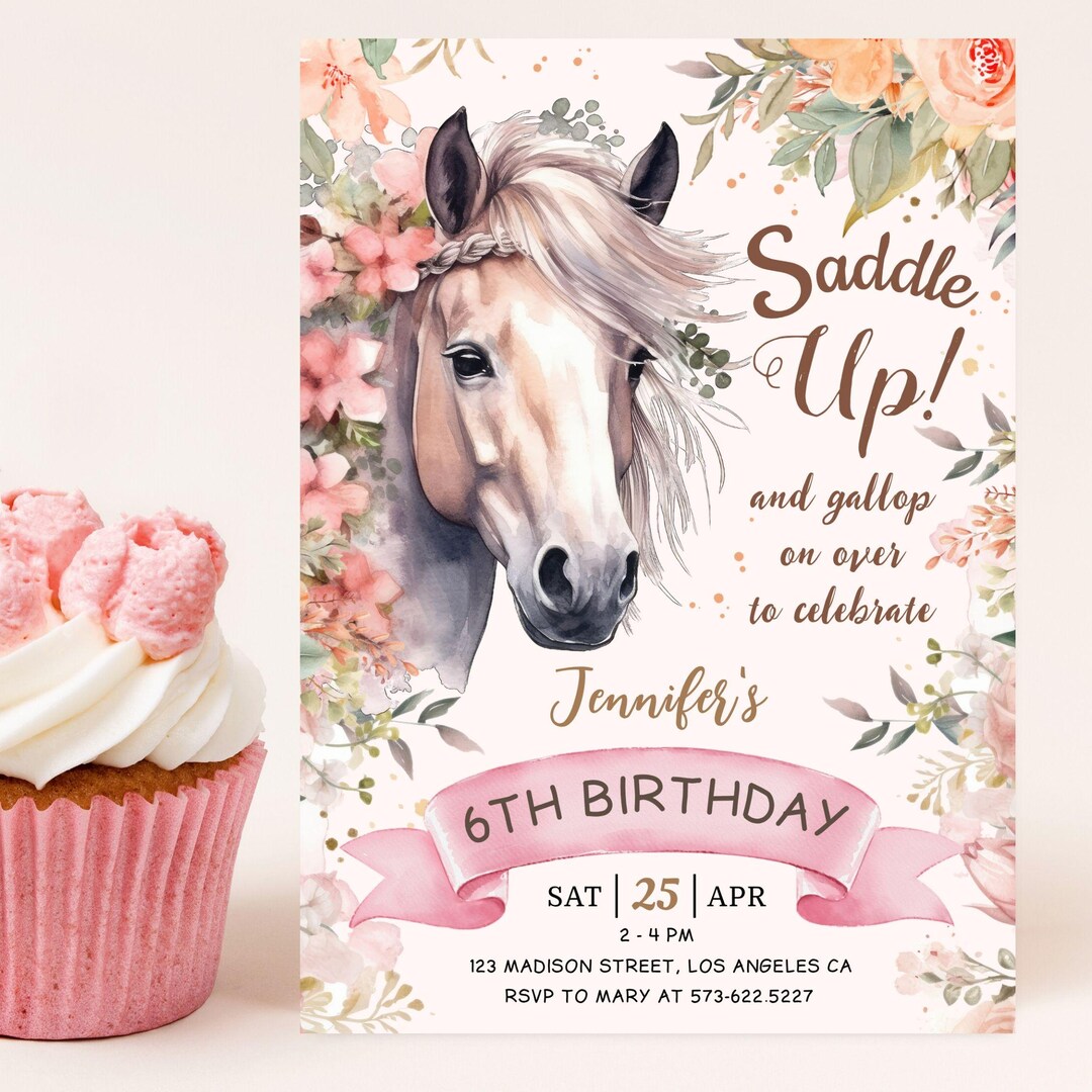 Horse Birthday Invitation Girl: Pink Floral Cowgirl Pony Party Editable ...