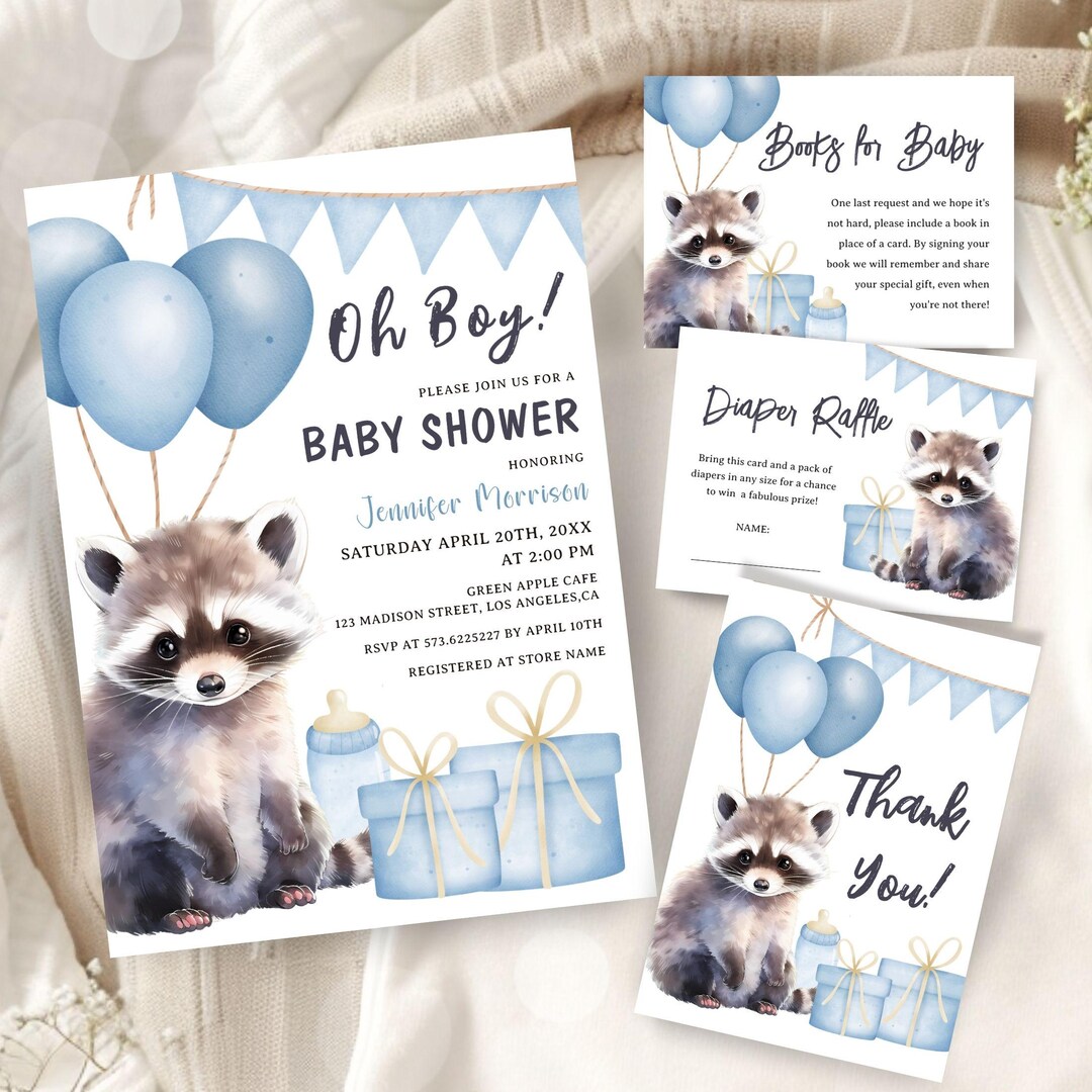 EDITABLE Raccoon Baby Shower Invitation Set Bundle, Raccoon Baby Shower ...