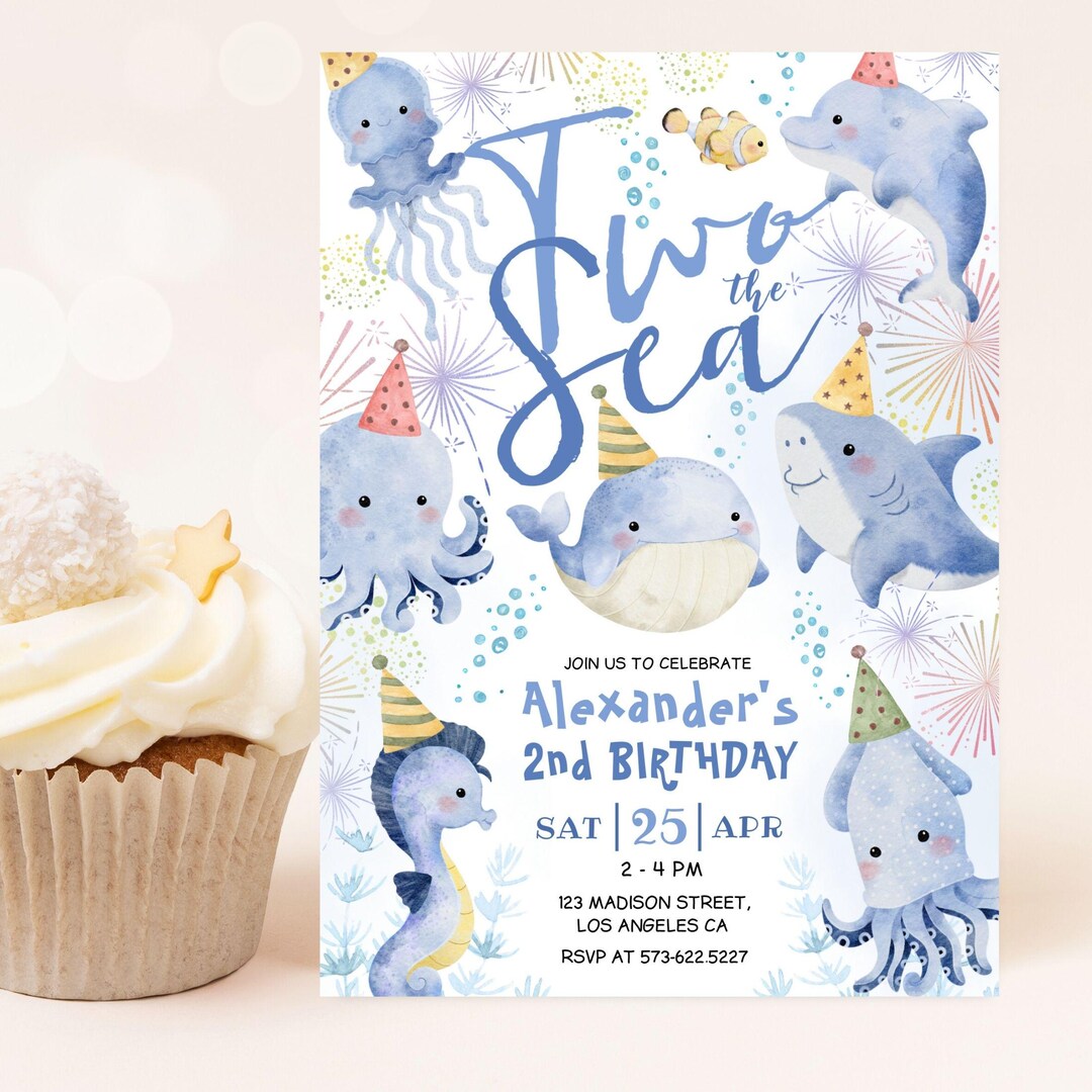 Two the Sea Birthday Invitation: Ocean Animals Theme, Boy 2nd Birthday ...