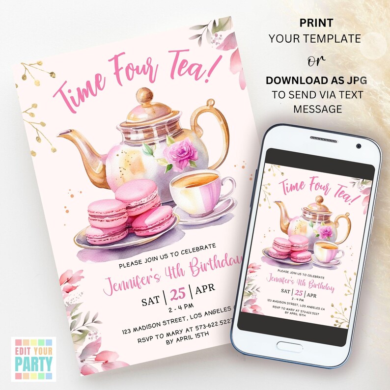 EDITABLE Time Four Tea Invitation Girl,tea Party 4th Birthday Invite ...