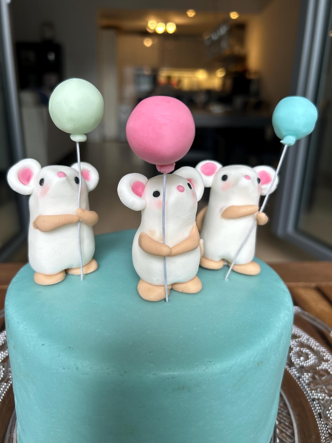 Mouse Fondant Cake Figure With Balloon - Handmade Cake Topper for ...