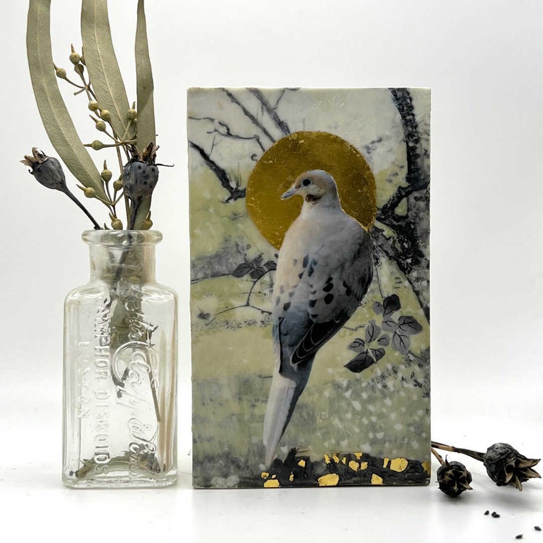 Bird Saint Zenaida Macroura | Encaustic Miniature Painting | Gold Leaf ...