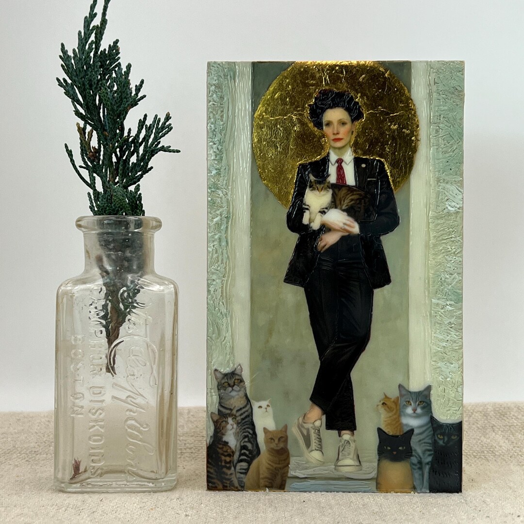 St. Simone Miniature Encaustic Painting: Cat Lady Saint, Gold Leaf ...