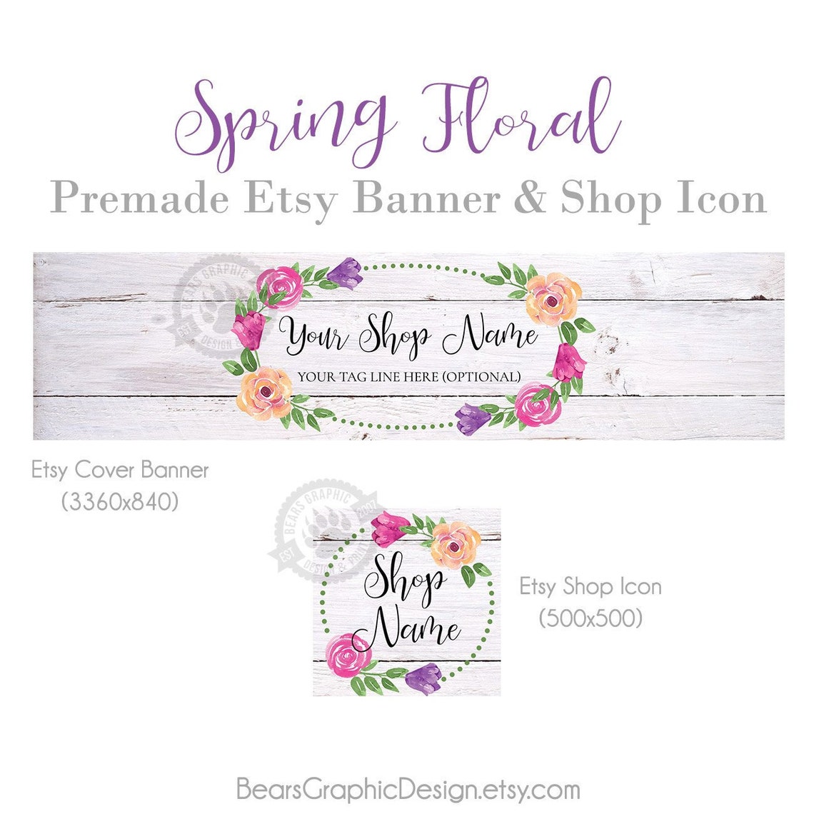 Spring Floral Etsy Shop Banner and Icon Shabby Chic Rustic | Etsy
