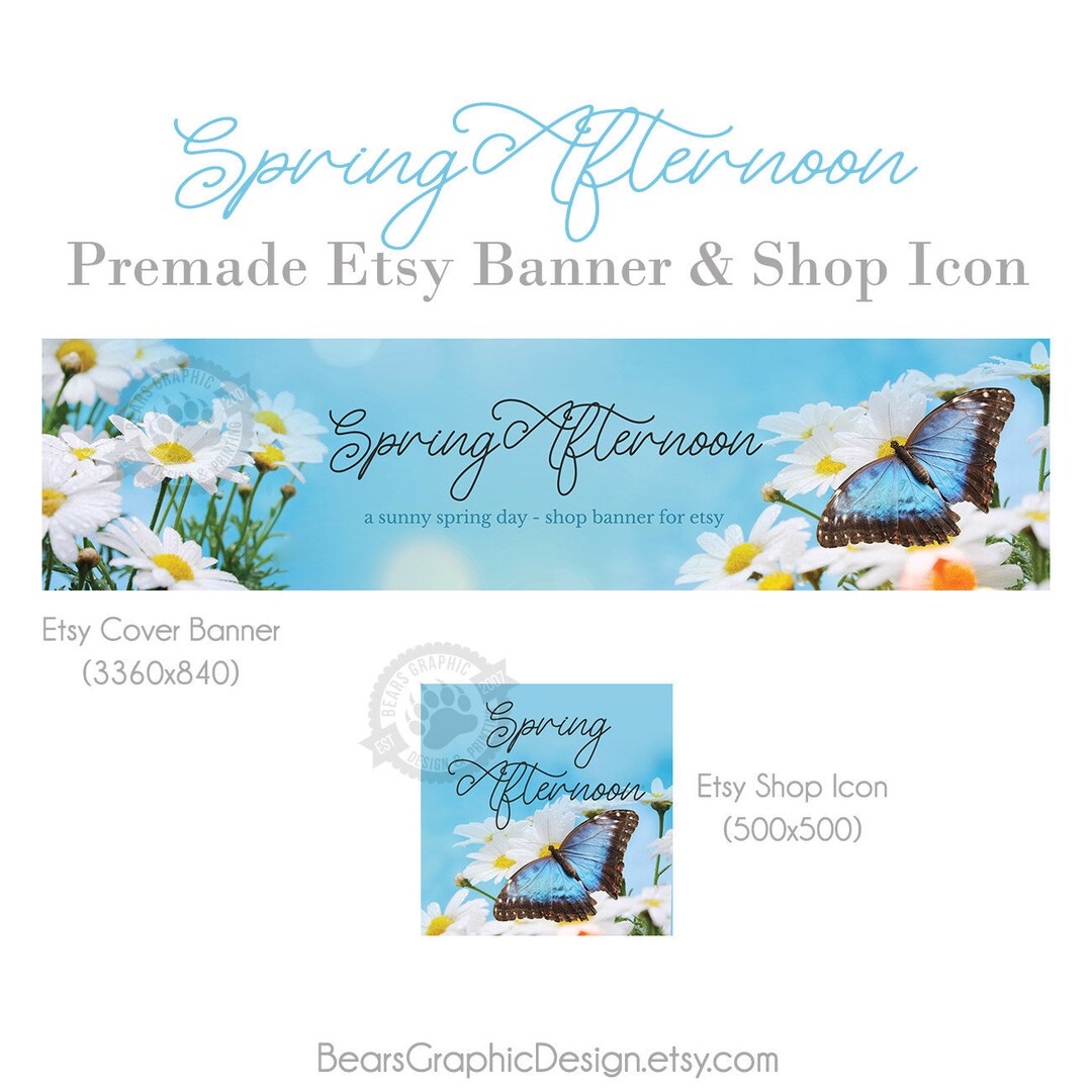 Daisy Flower Etsy Shop Banner & Icon: Blue Butterfly Spring Design ...