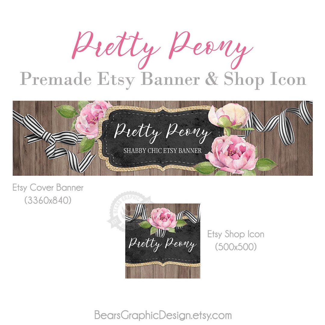 Shabby Chic Etsy Shop Banner & Icon: Pink Peony, Rustic Wood (digital ...