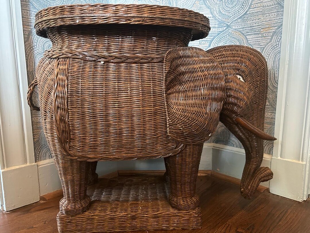 Vintage Boho Chic Rattan Elephant Side Table or Plant Stand Style of ...
