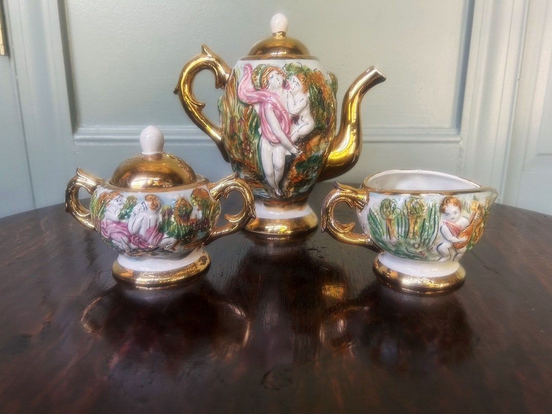 Rare Vtg Italian Capodimonte Cherub Angel Tea Set- Pot, Creamer & Sugar ...