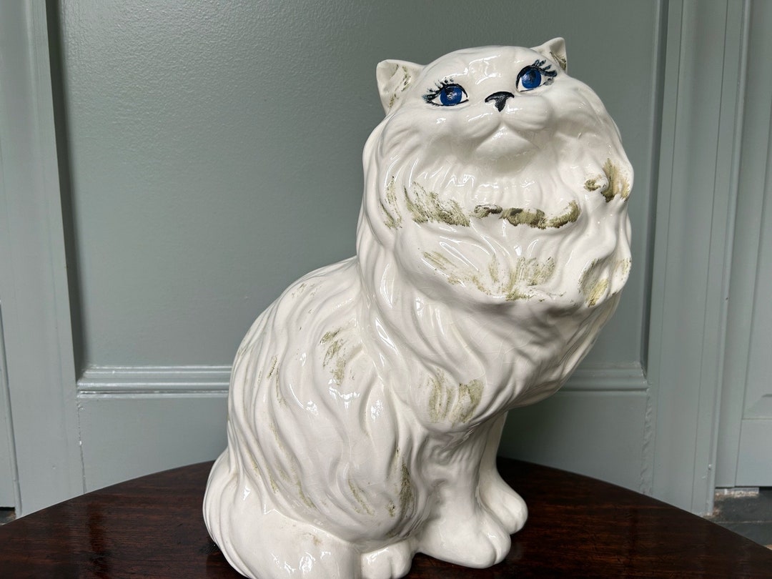Life Sized Mid-century White Hand Painted Porcelain Persian Cat Statue ...