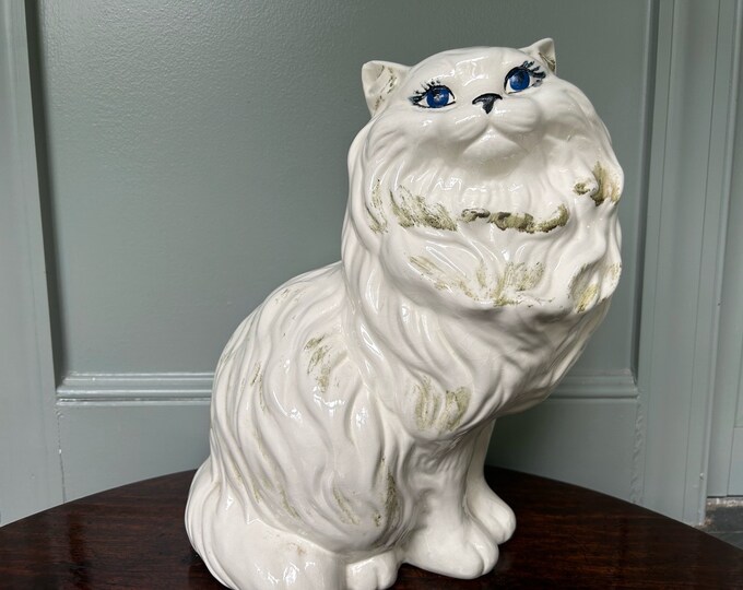 Life Sized Mid-century White Hand Painted Porcelain Persian Cat Statue ...