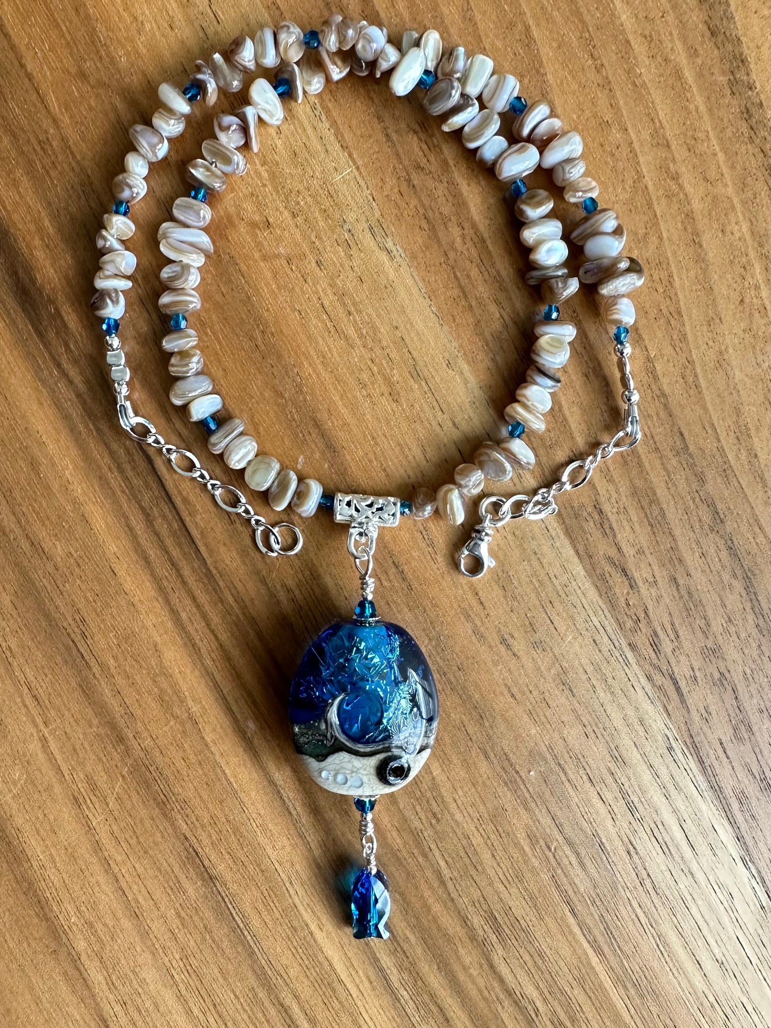 Swarovski Crystal and Shell Necklace With Ocean Lampwork Bead Pendant ...