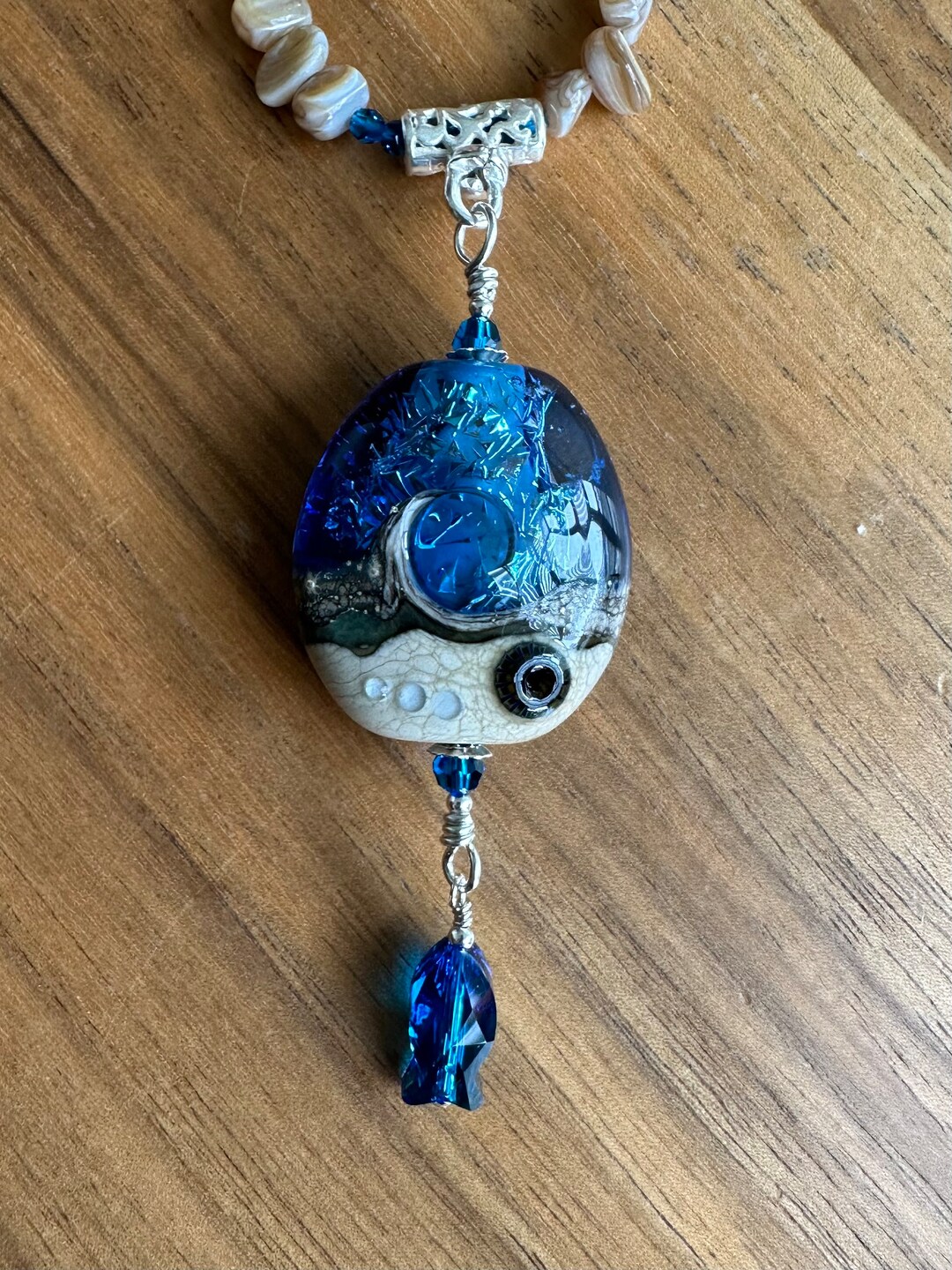 Swarovski Crystal and Shell Necklace With Ocean Lampwork Bead Pendant ...