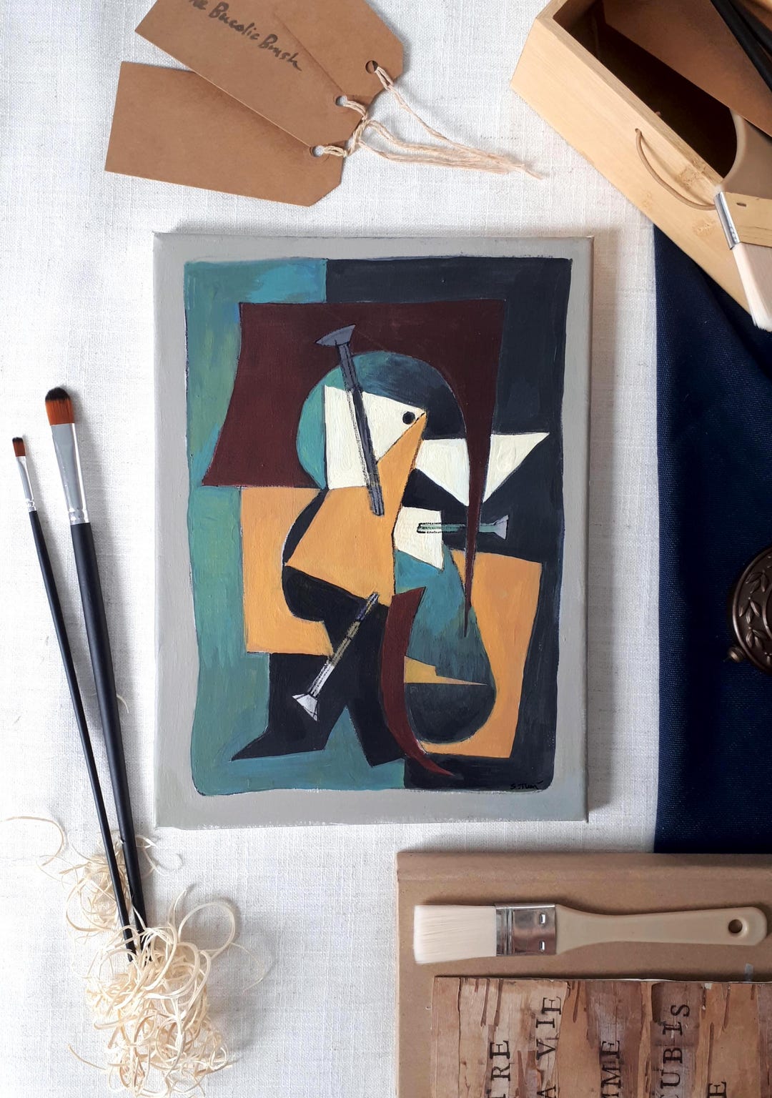 Retro Cubist Painting: Stylized Figure in Maroon, Teal Blue, and Ochre ...