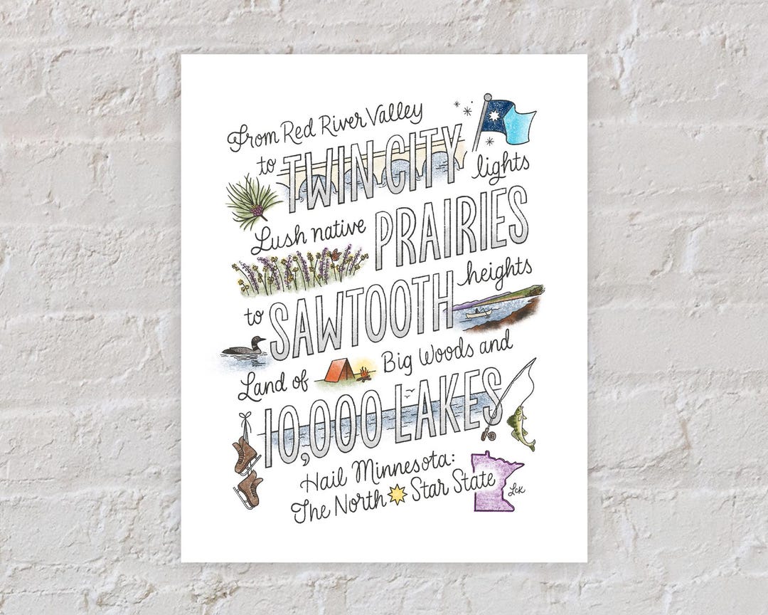 Minnesota State Art, Hand Lettered MN Art Print, Illustrated North Star ...