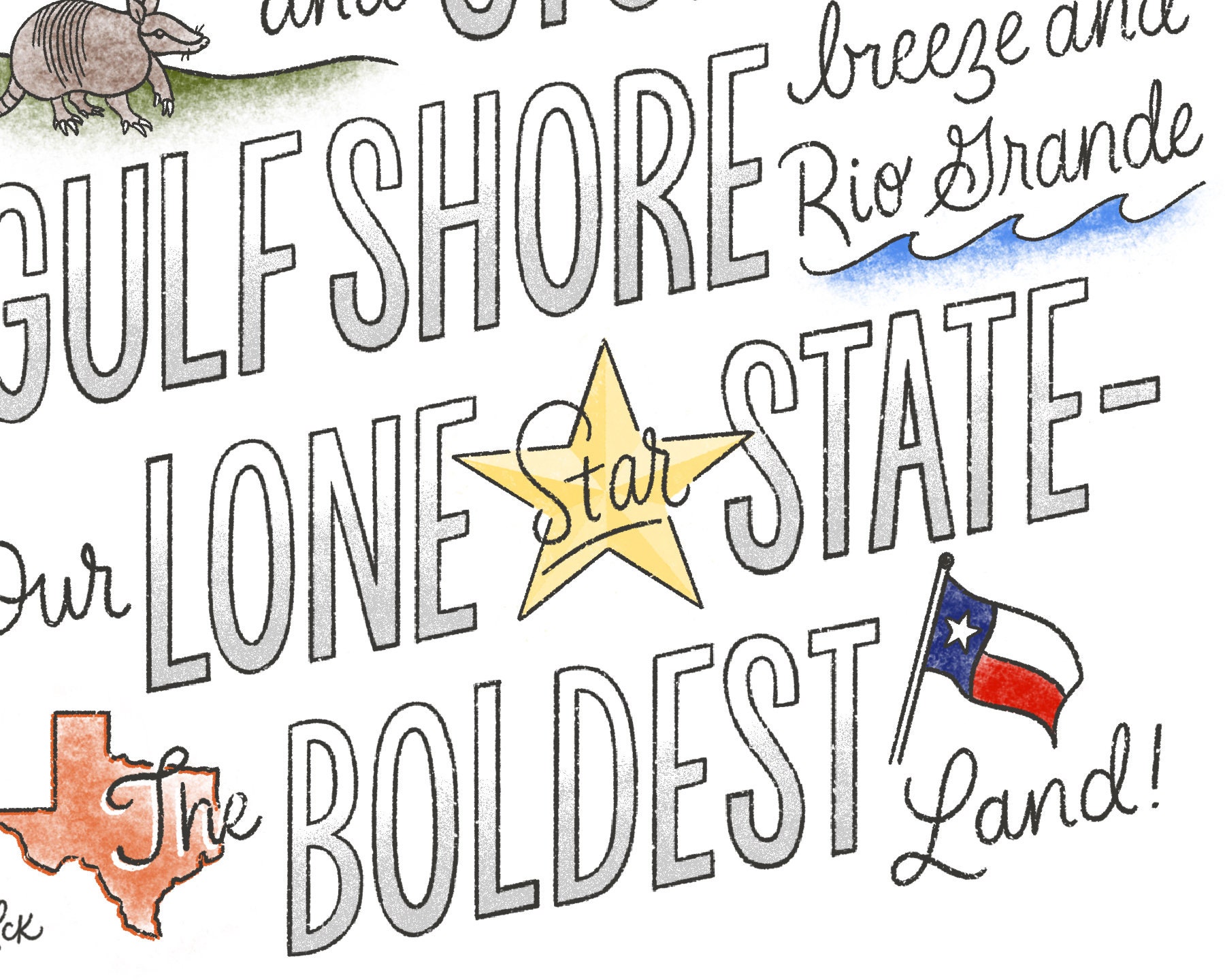Texas State Art, Hand Lettered TX Art Print, Illustrated Lone Star ...