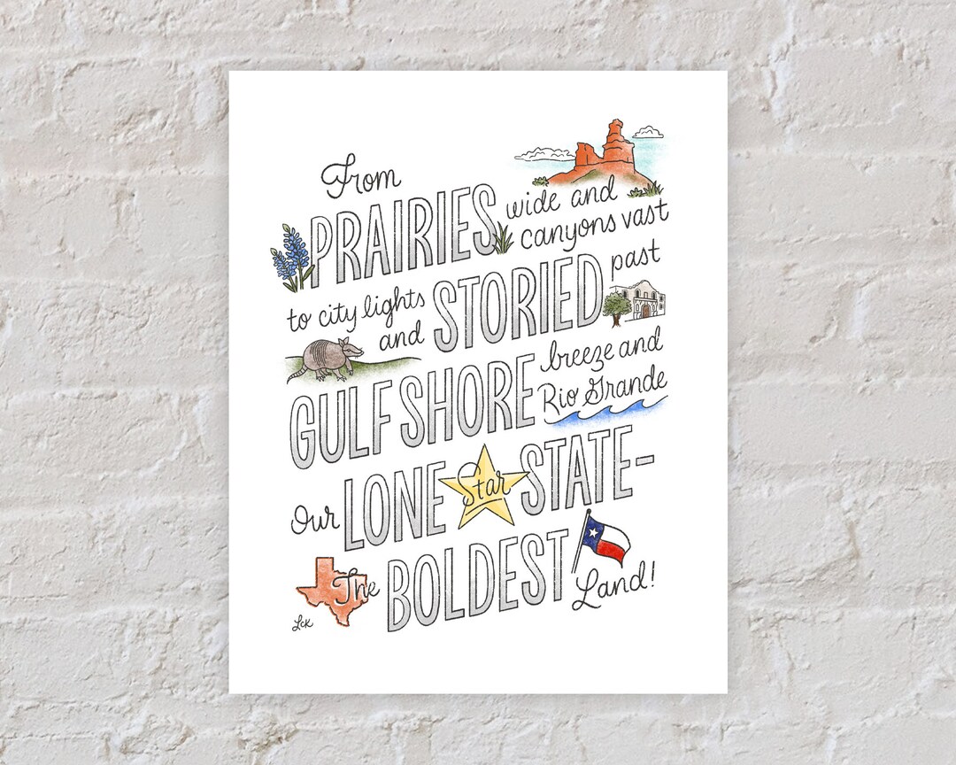 Texas State Art, Hand Lettered TX Art Print, Illustrated Lone Star ...