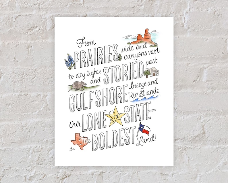 Texas State Art, Hand Lettered TX Art Print, Illustrated Lone Star ...