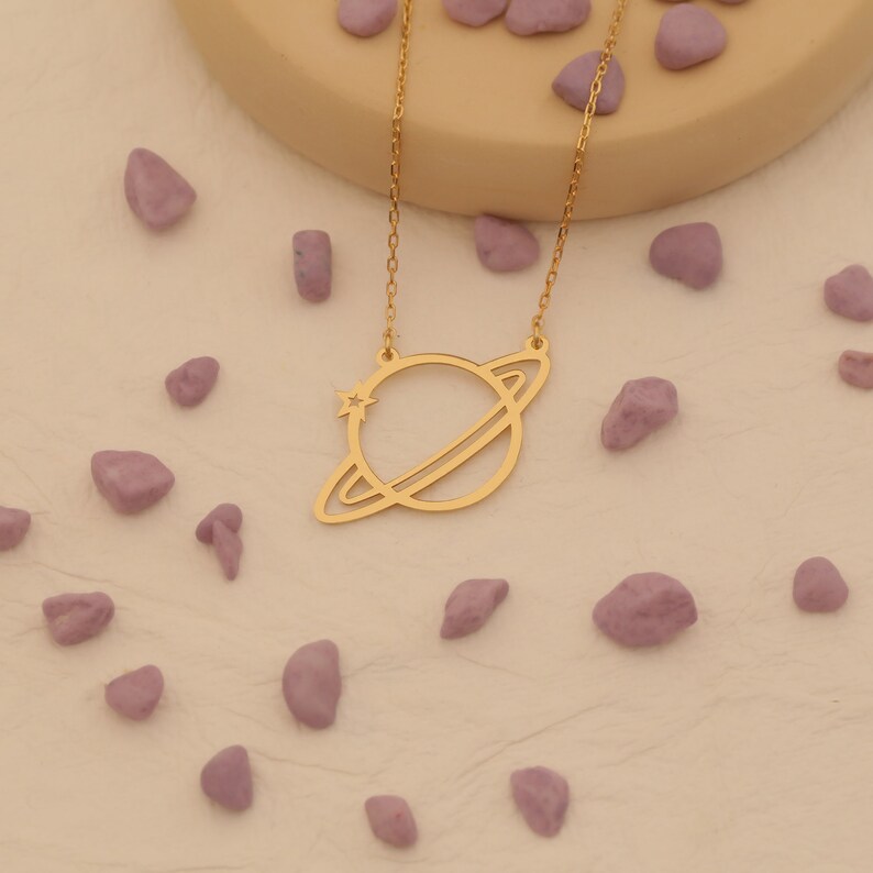 14K Gold Plated Saturn and Space Pendant, Planet Necklace, Galaxy ...