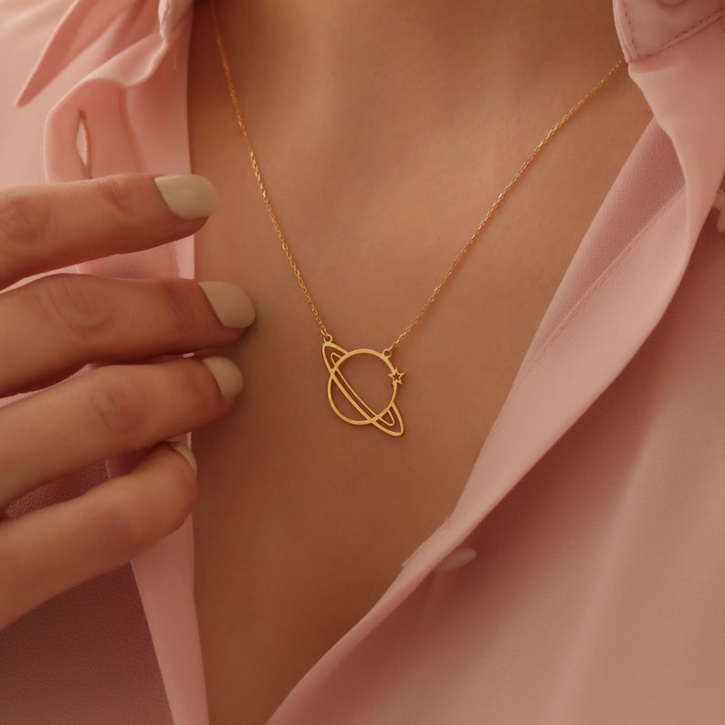 14K Gold Plated Saturn and Space Pendant, Planet Necklace, Galaxy ...