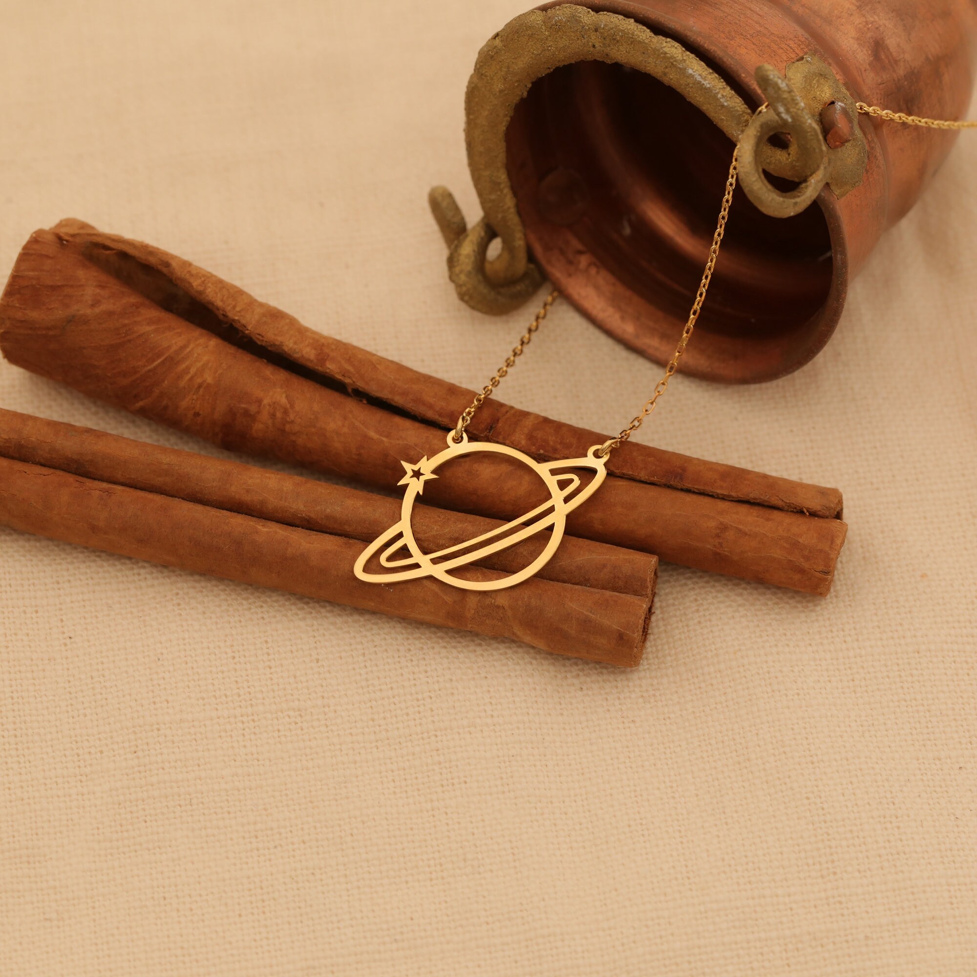 14K Gold Plated Saturn and Space Pendant, Planet Necklace, Galaxy ...