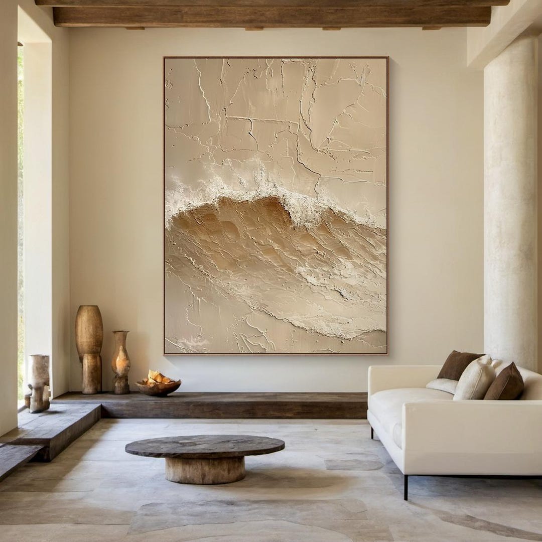 3D Textured Wall Art Beige Textured Abstract Painting Ocean Waves Large ...