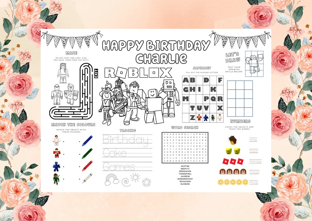 Roblox Birthday Party Placemat, Personalised Children Colouring ...