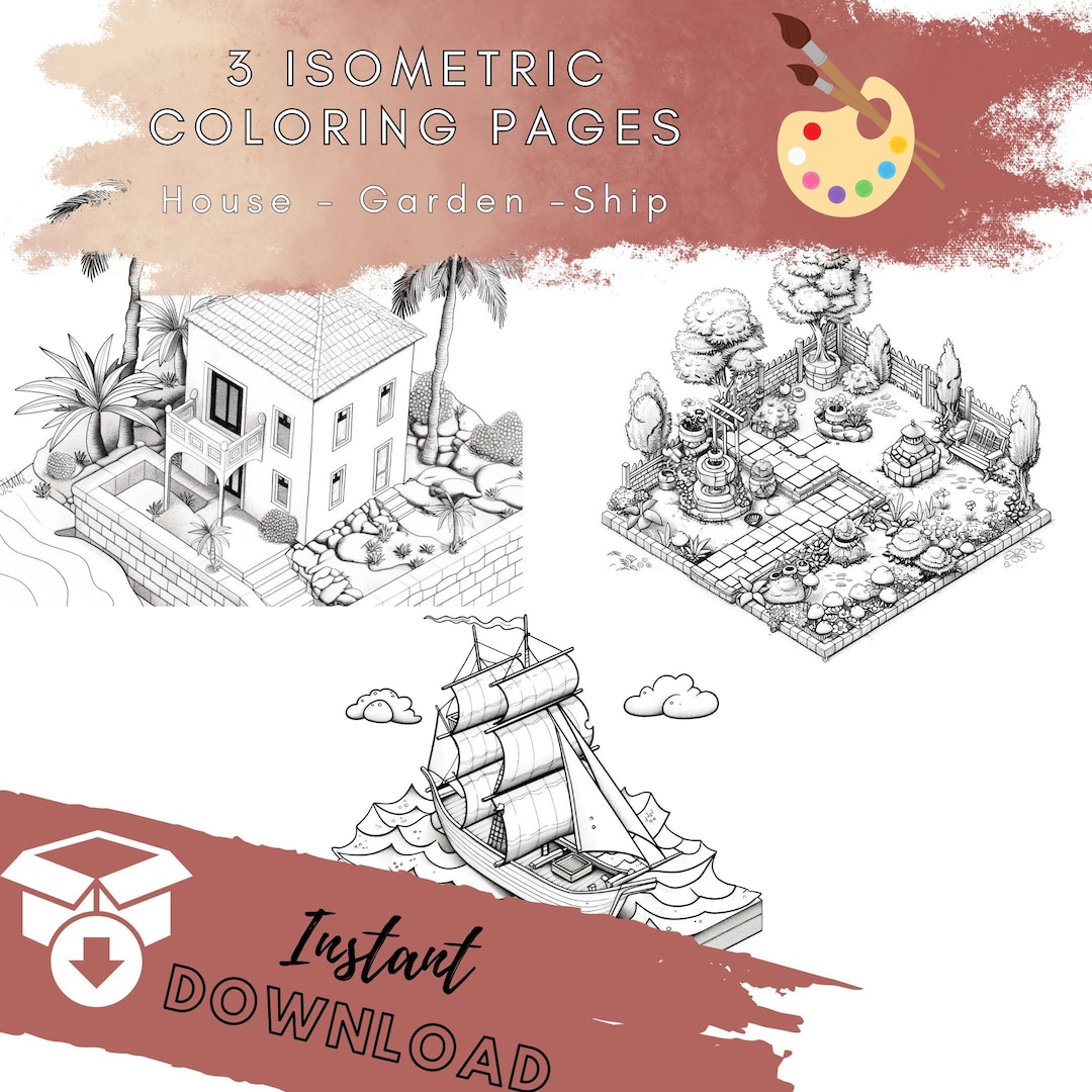 3 Isometric Coloring Pages, House Coloring Page, Cozy Coloring ...