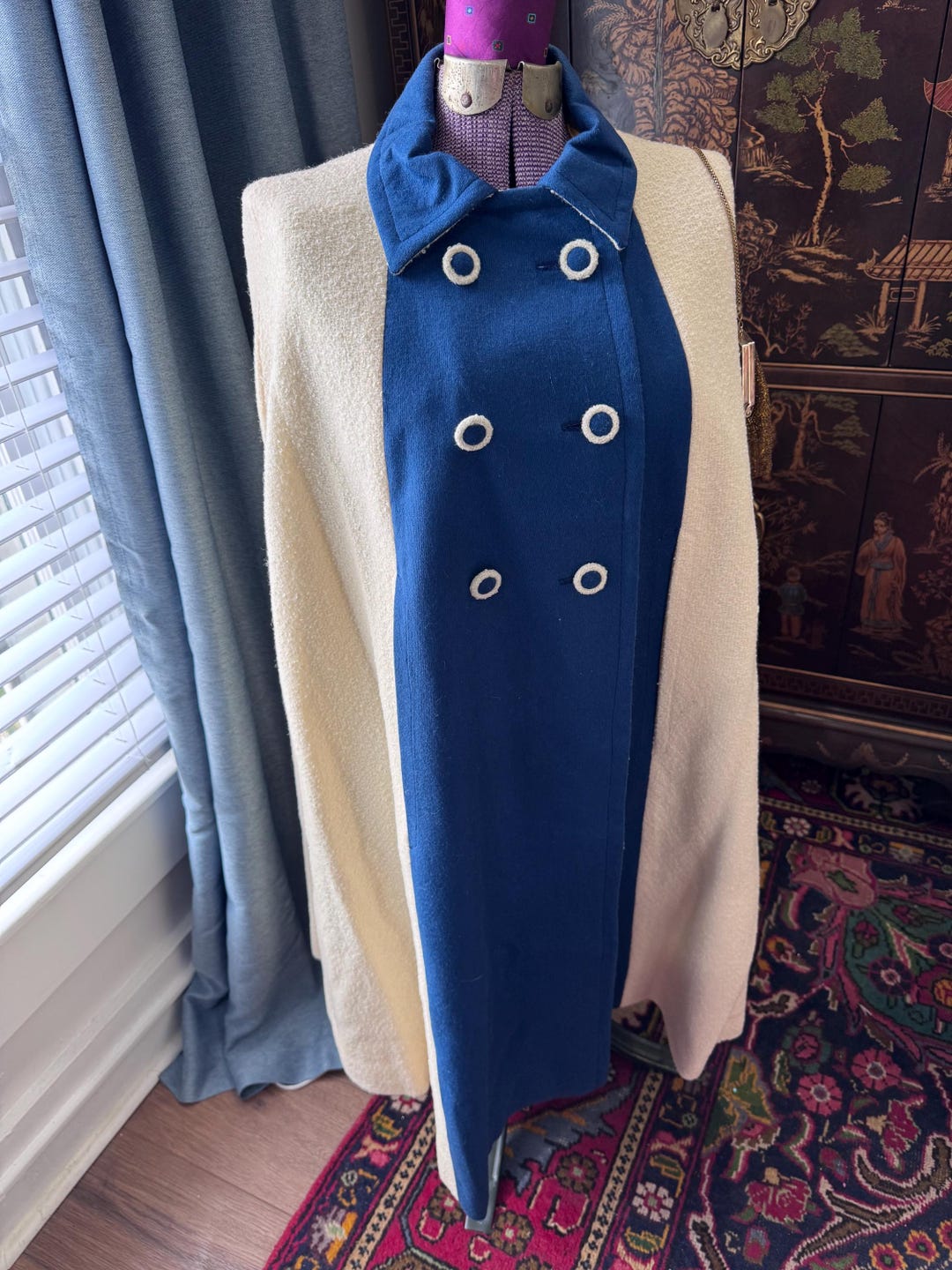1960s Wool Cape Coat | Cream Blue Colorblock Mod Appliqué Outerwear - Etsy